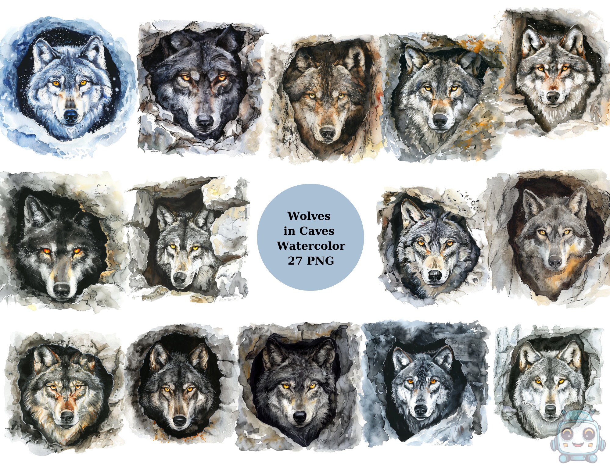 27 Wolves in Caves Clipart, Watercolor Clipart, PNG Individual Images ...