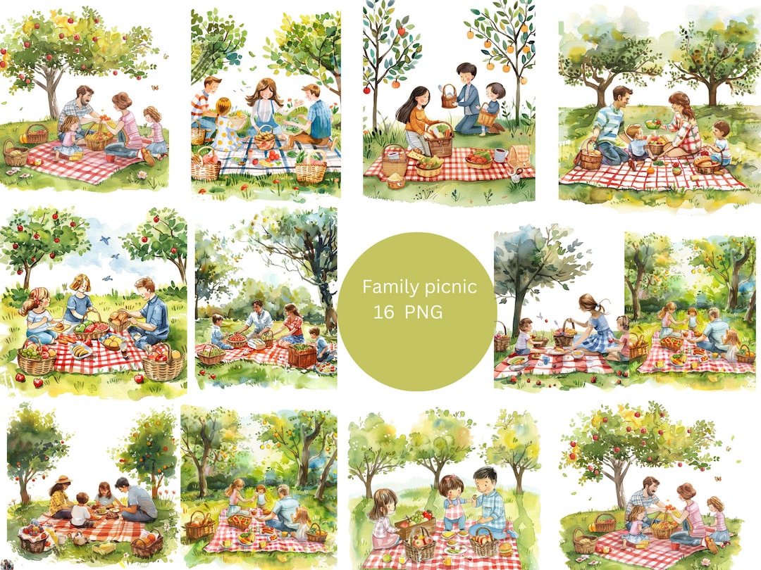 16 Family Picnics Watercolor Clipart, Family Clipart, PNG Individual ...