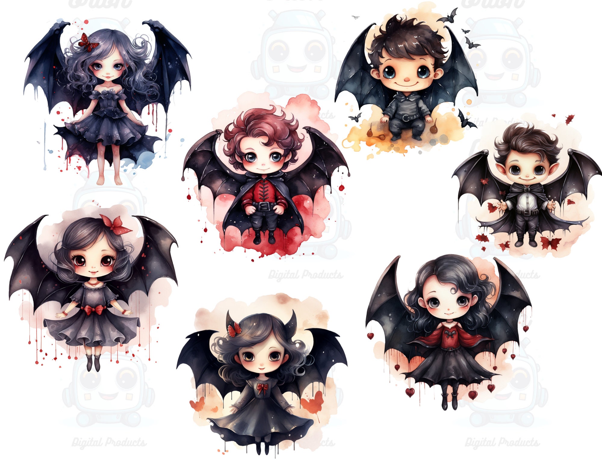 Watercolor Vampire Boys and Girls Clipart Halloween Clipart - Etsy