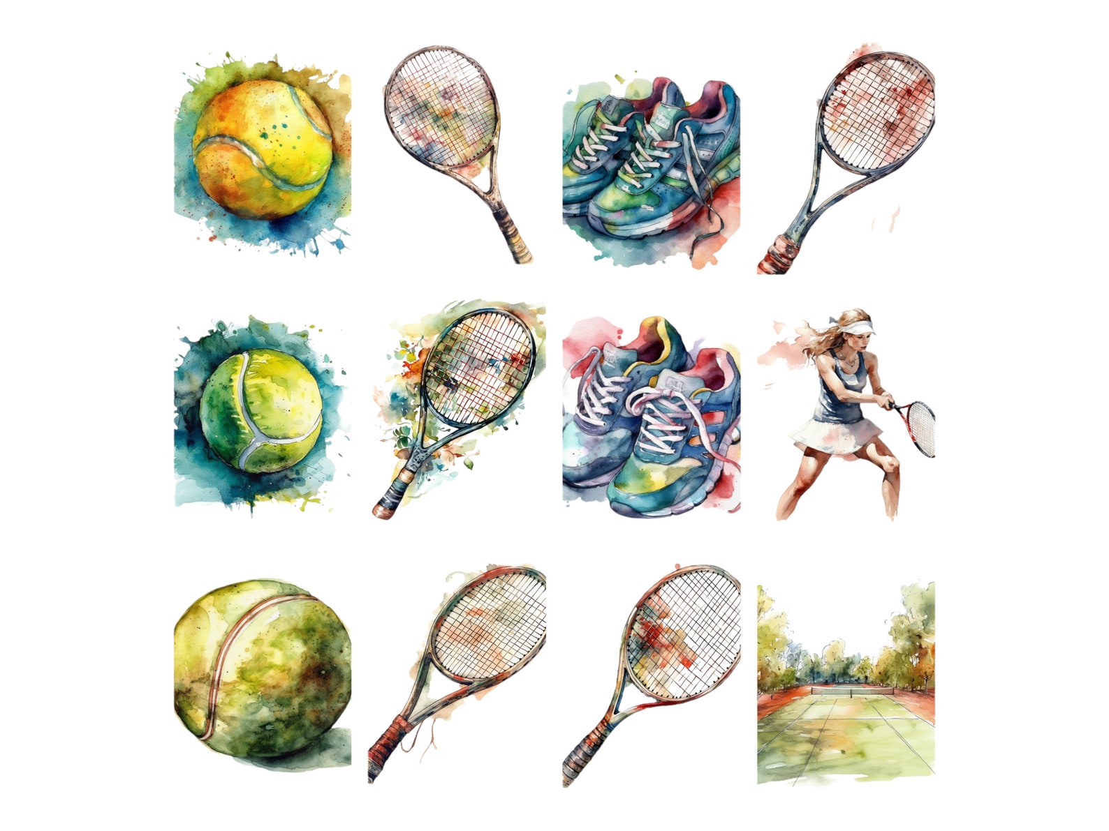 Tennis Bundle, Watercolour, 18 PNG Images, Instant Download Scrapbook ...