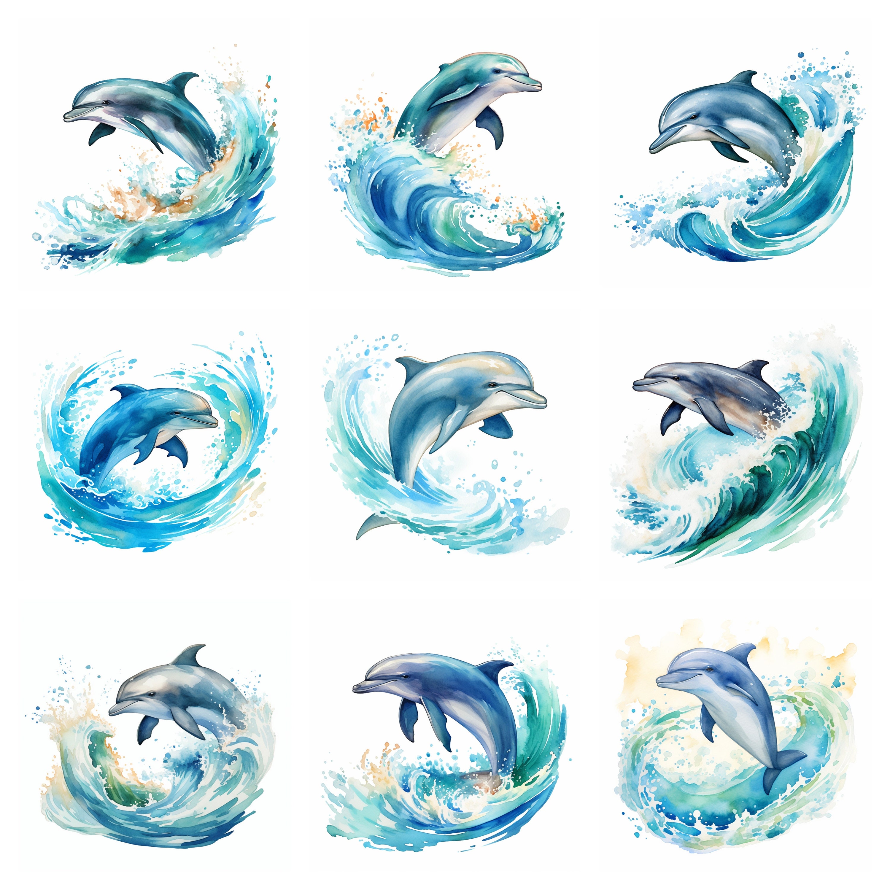 21 Playful Dolphins Watercolor Clipart, Ocean Clipart, PNG Individual ...