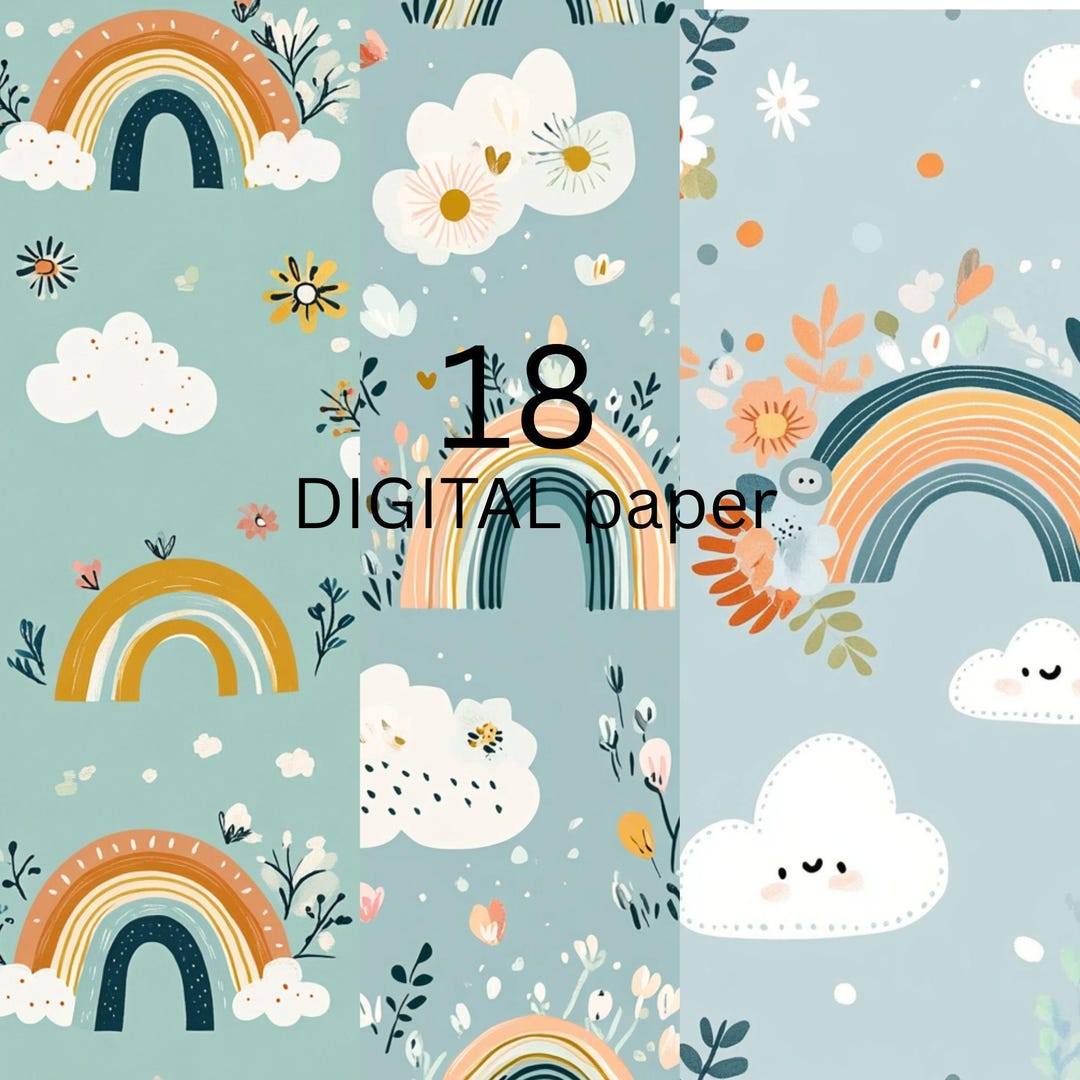 Rainbow and Cloud Digital Paper Set | 18 Cute Pastel Backgrounds for ...
