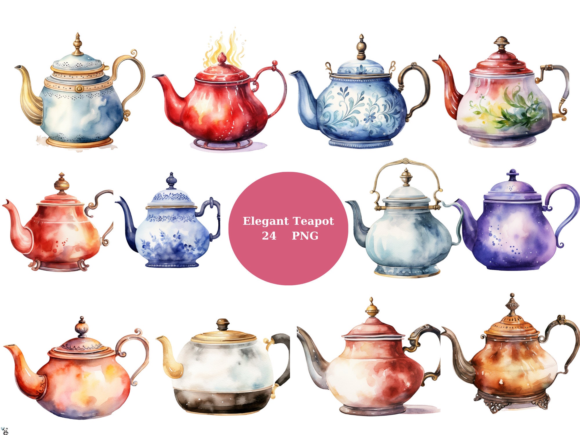 24 Elegant Teapots Watercolor Clipart, Tea Clipart, PNG Individual ...