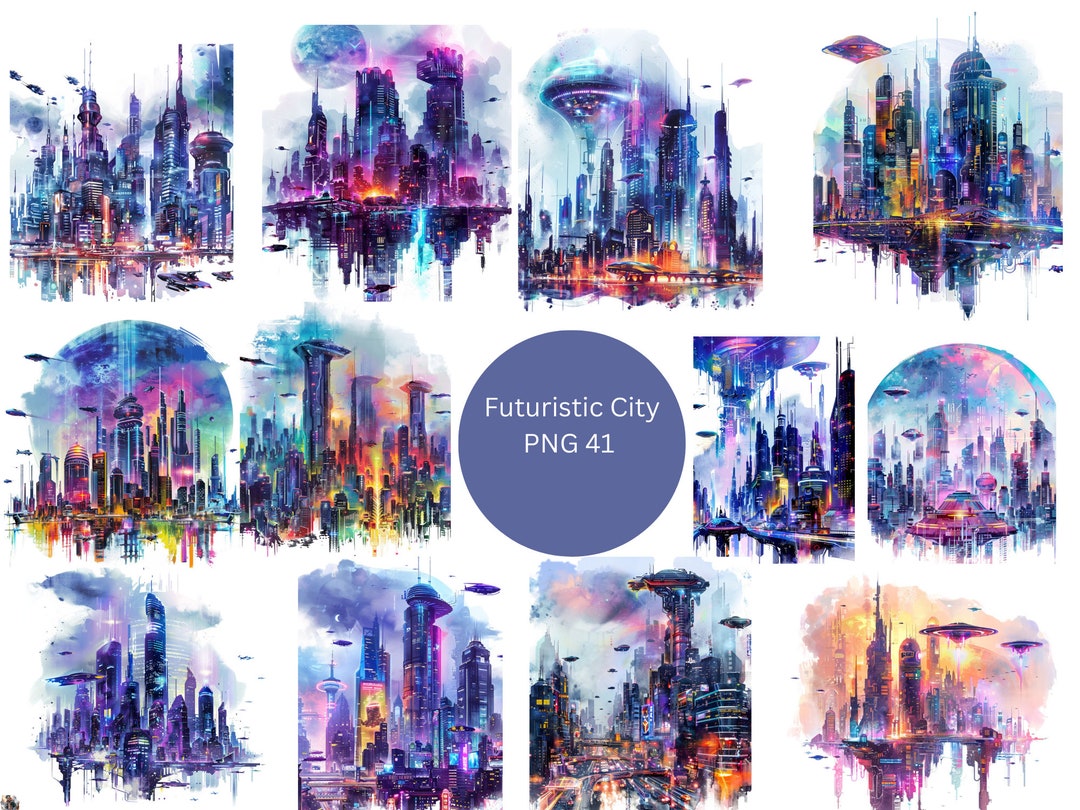 41 Futuristic Cities Watercolor Clipart, Science Fiction Clipart, PNG ...