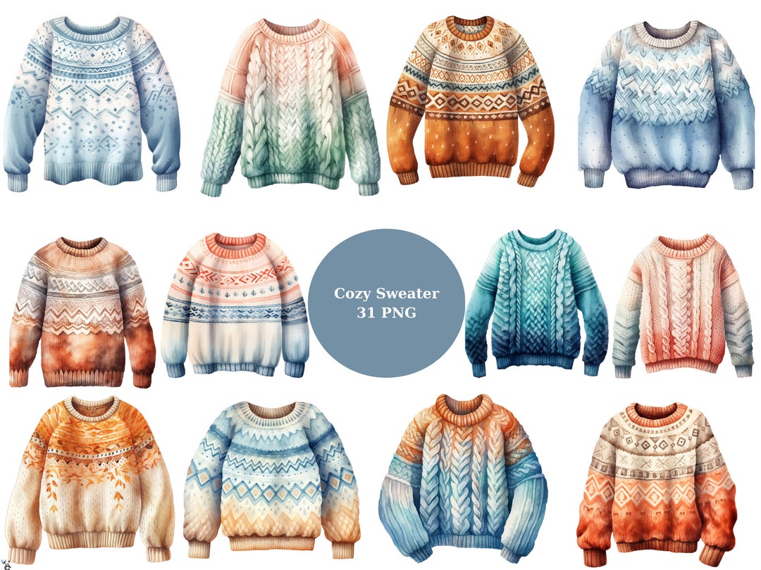 31 Cozy Sweaters Watercolor Clipart, Winter Clothes Clipart, PNG ...