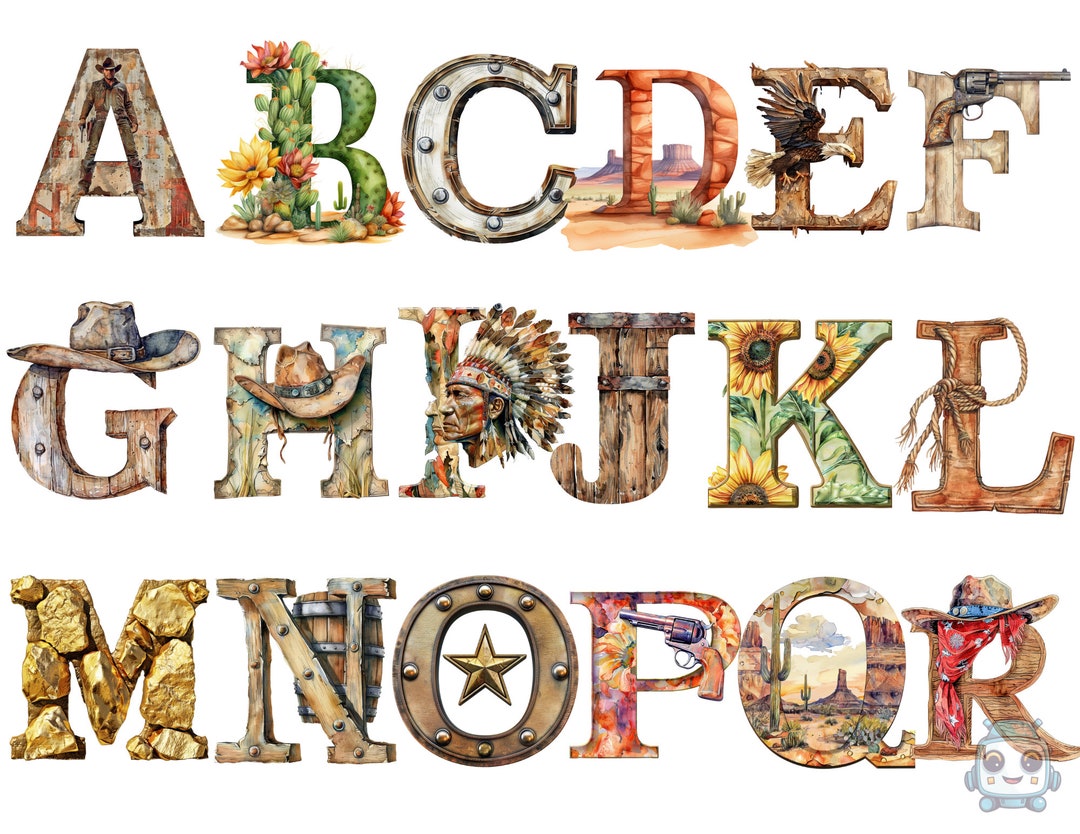 Watercolor Western Alphabet Clipart, Cowboy Clipart, PNG Individual ...