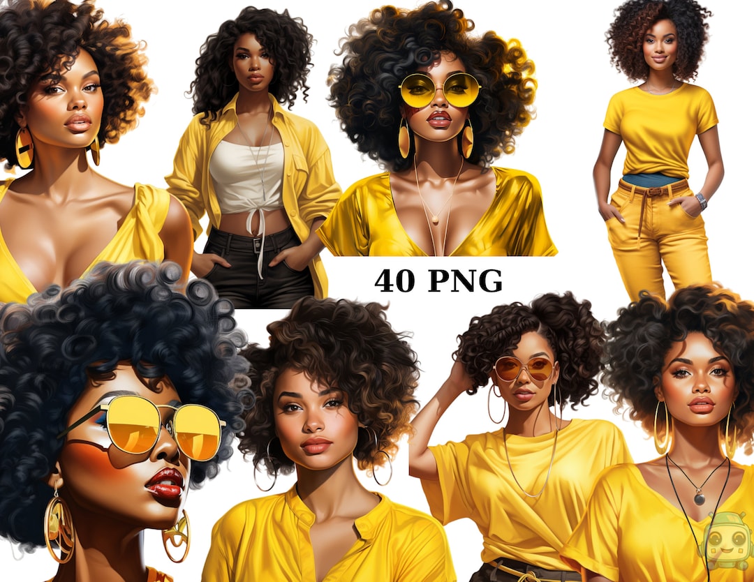 40 Black Women in Yellow Clipart, Women of Color, Fashion Clipart, PNG ...