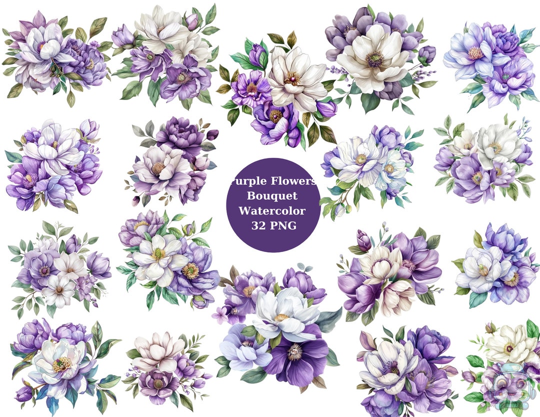 Watercolor 32 Purple Flowers Bouquet Clipart, Transparent Background ...