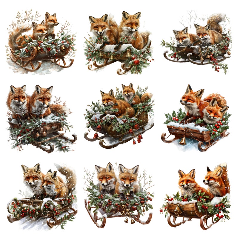 23 Foxes on Sled Clipart, Christmas Clipart, PNG Individual Images on ...