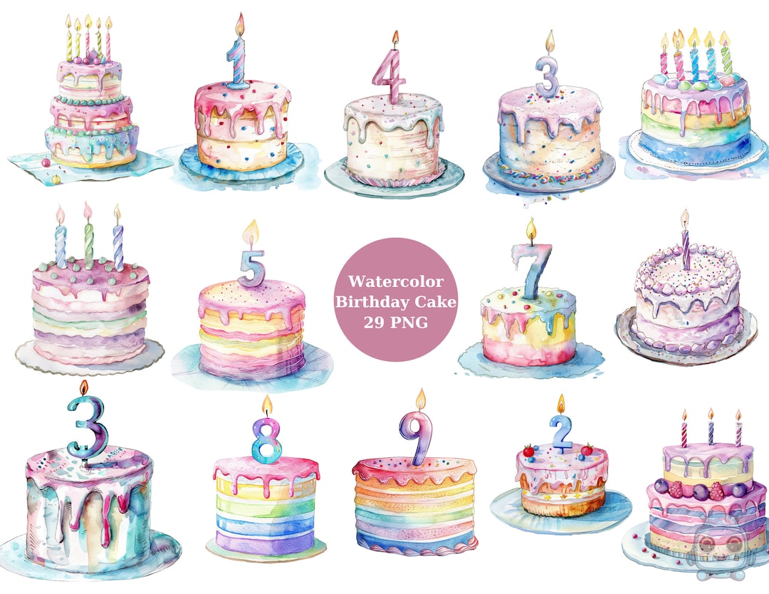 Watercolor Birthday Cake Clipart, PNG Digital Files on Transparent ...