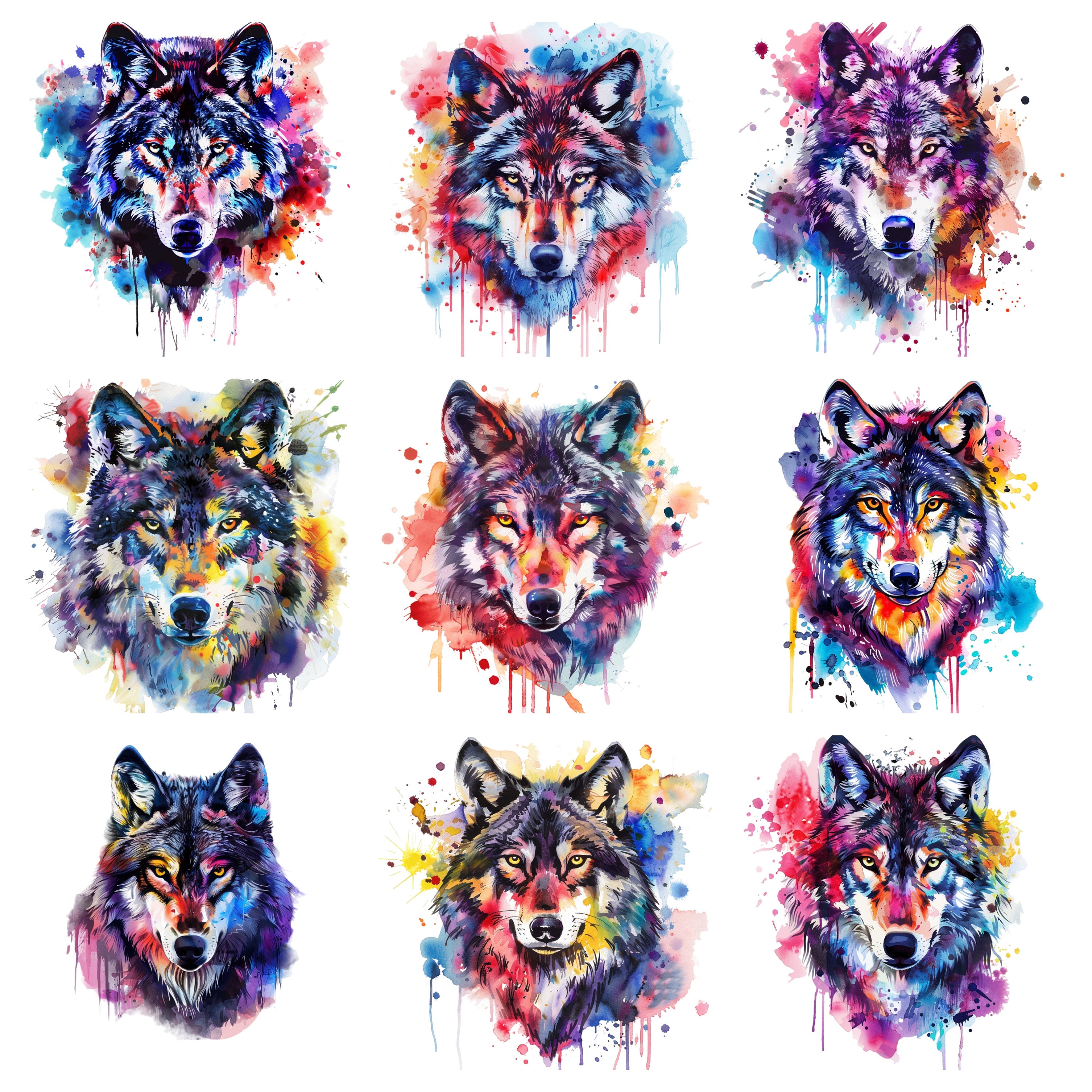 Watercolor Wolf Graffiti Clipart, PNG Individual Images on Transparent ...