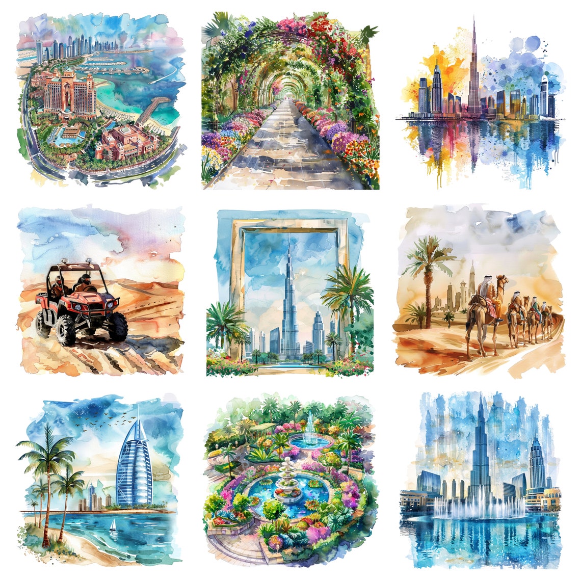 Watercolor Dubai Bundle Clipart, PNG Individual Images on Transparent ...