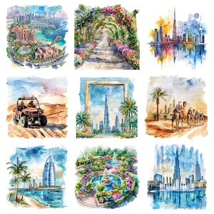 Watercolor Dubai Bundle Clipart, PNG Individual Images on Transparent ...