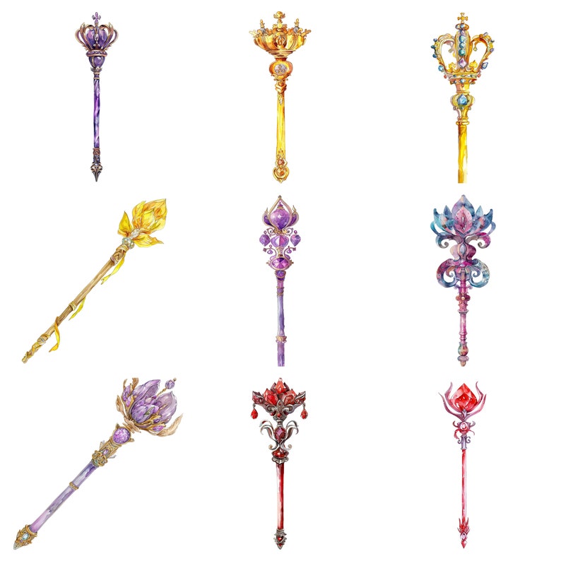 Watercolor Royal Scepters Clipart, PNG Individual Images on Transparent ...