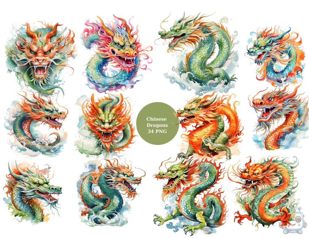 34 Chinese Dragons Watercolor Clipart, China Clipart, PNG Individual ...