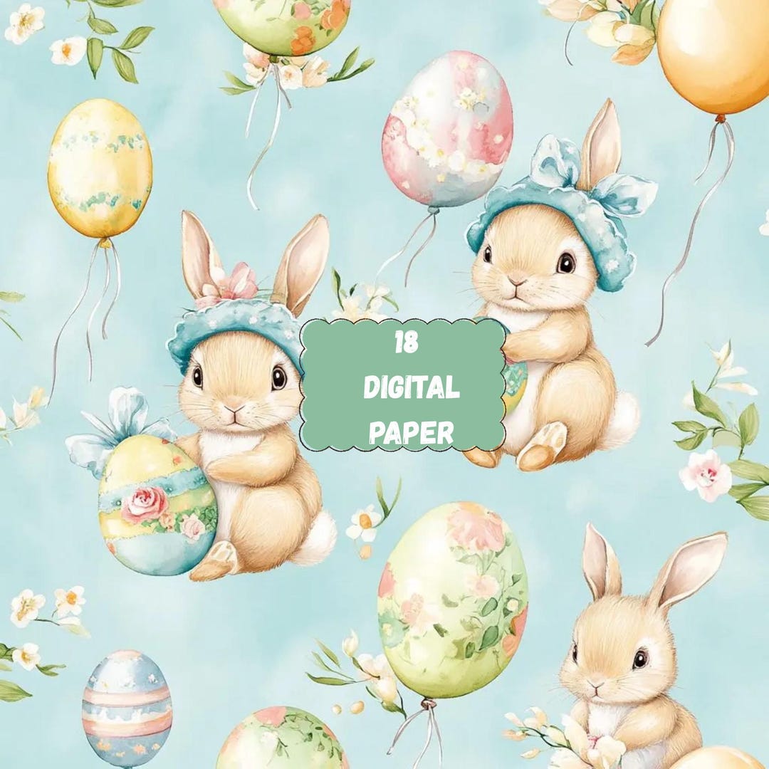 Easter Bunny Digital Paper, Cute Rabbits With Balloons and Floral Eggs ...