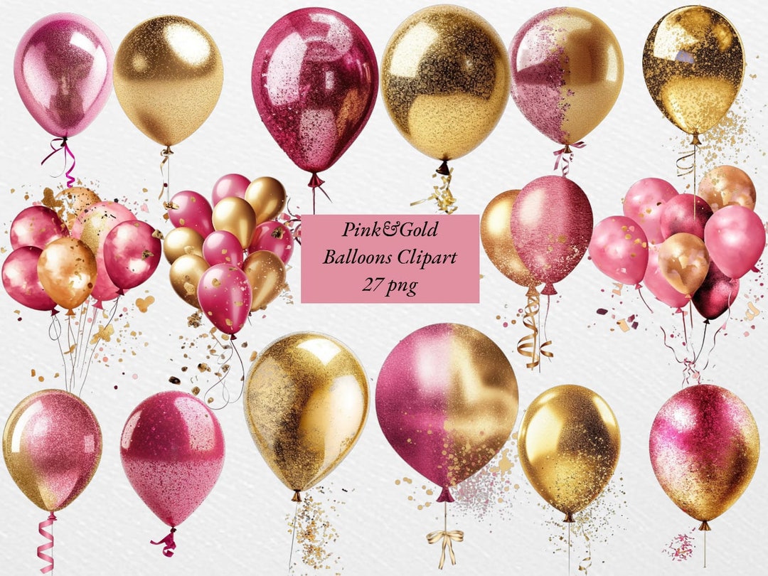 Pink and Gold Balloons Clipart, Balloon PNG Digital Overlays, Scrapbook ...