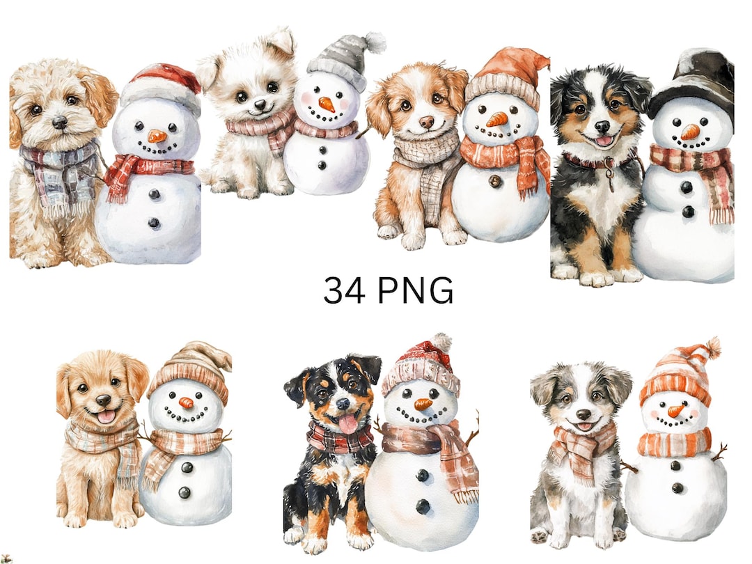Winter Puppy & Snowman Clipart Set - 34 Festive Watercolor Dog ...