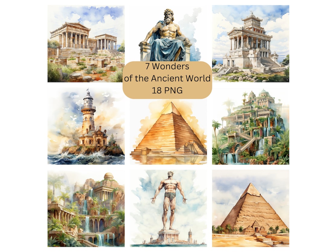 Watercolor 7 Wonders of the Ancient World Clipart, PNG Digital Files ...