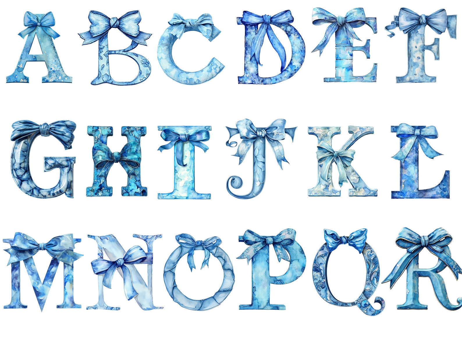 Watercolor Blue Bow Alphabet, Bow Letter Instant Download for ...