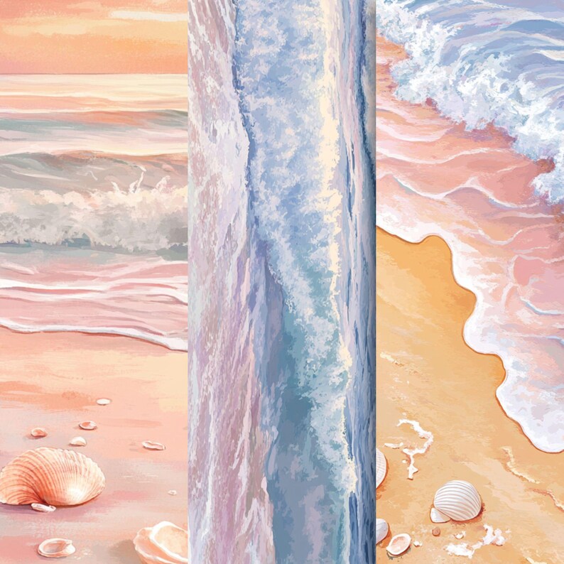 Pastel Beach Digital Paper Pack, Soft Ocean Waves, Seashell Shoreline ...