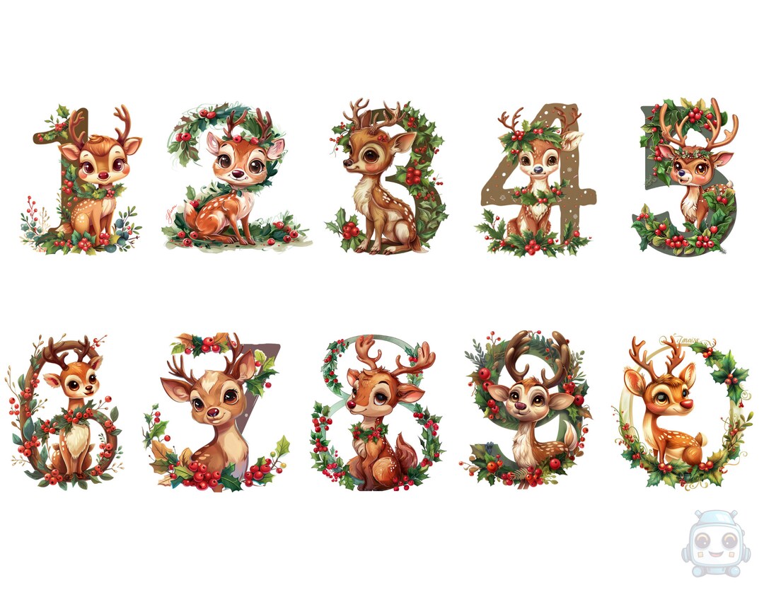 Christmas Reindeer Numbers Clipart, Christmas Clipart, PNG Individual ...