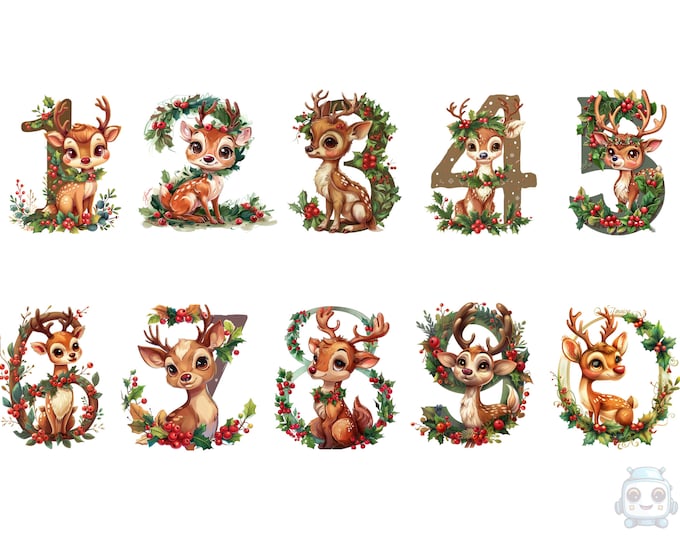 Christmas Reindeer Alphabet Clipart: A-Z Letters, 0-9 Numbers (PNG ...
