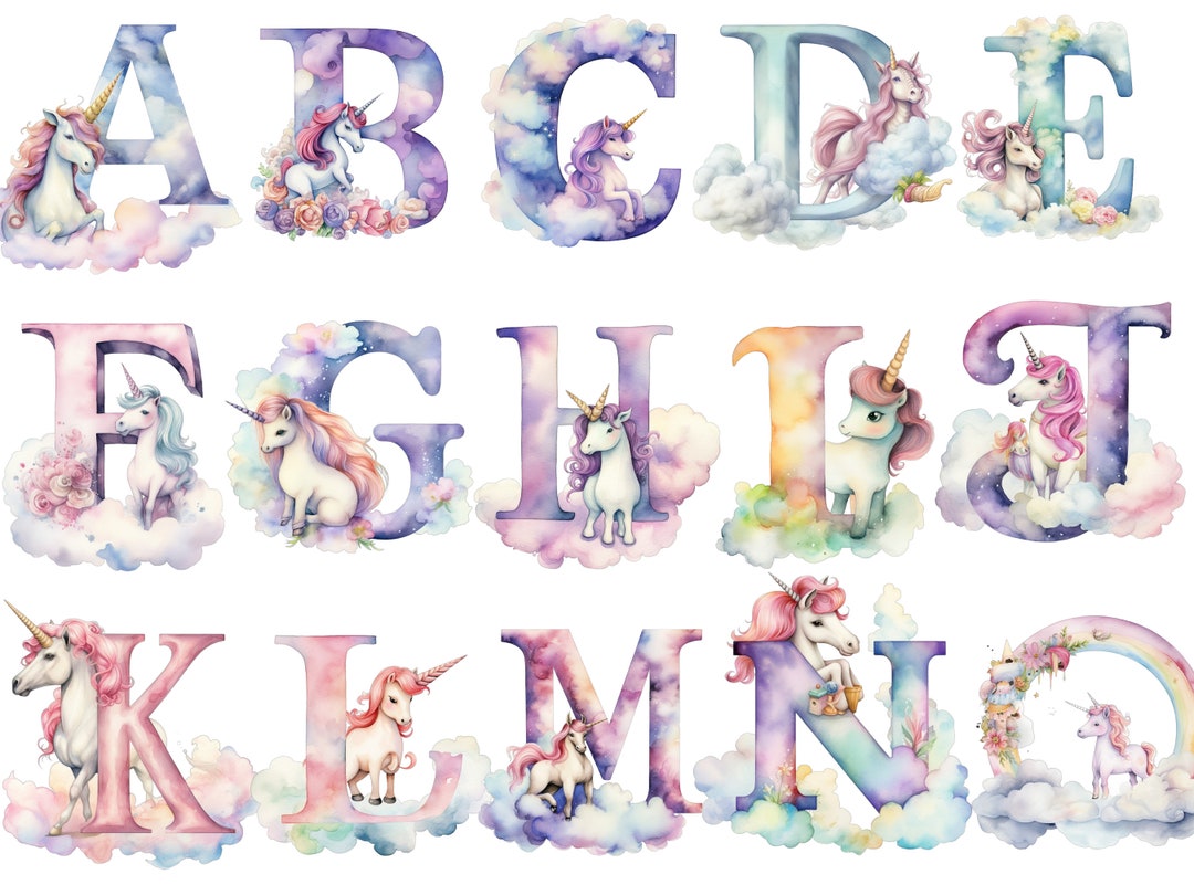 Watercolor Unicorn Alphabet Clipart, Fairy Clipart, PNG Images on a ...