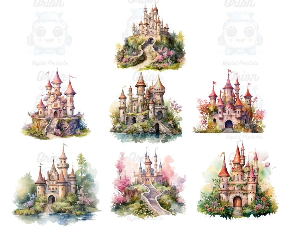 Watercolor Fairy Castles Clipart PNG Digital Files on a - Etsy