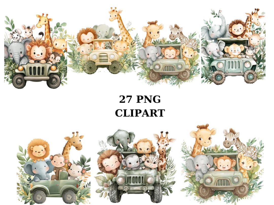 Safari Animal Car Clipart, 27 PNG Images, Cute Jungle Animals in Jeeps ...