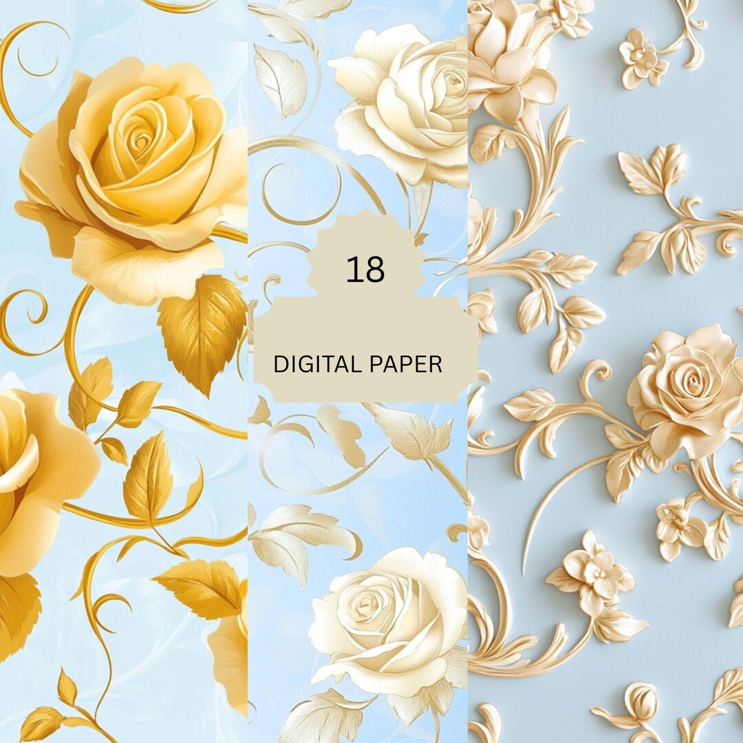 Blue and Gold Rose Digital Paper – 18 Elegant Floral Backgrounds With ...