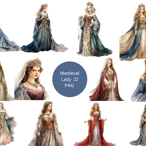 22 Medieval Ladies Watercolor Clipart, Medieval Clipart, PNG Individual ...