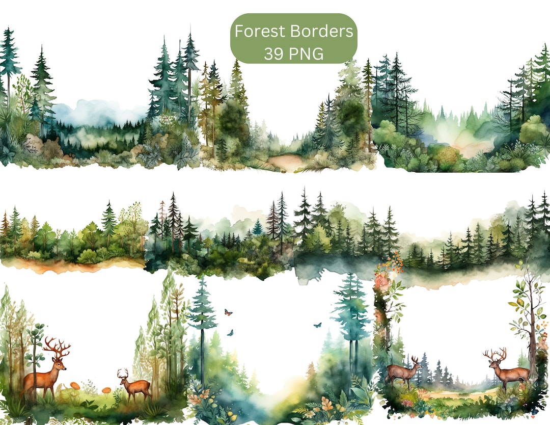 Watercolor Forest Borders Clipart, PNG Digital Files on Transparent ...
