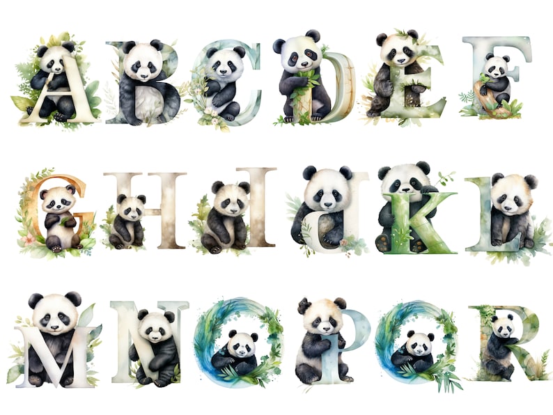 Watercolor Panda Alphabet in PNG for Commercial Use Instant Download ...