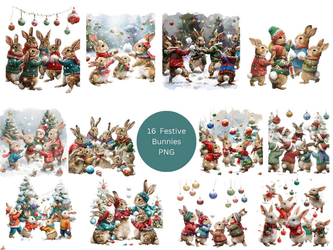 16 Festive Bunnies Clipart, Christmas Clipart, PNG Individual Images on ...