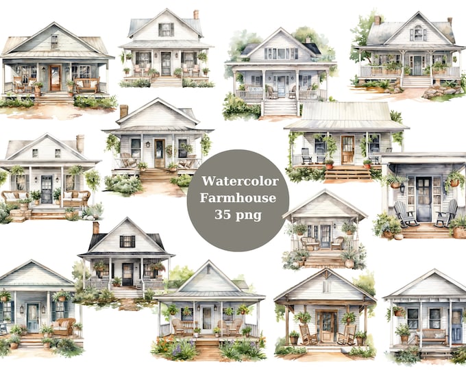 Country Farmhouse Clipart, Watercolor Farmhouses, Digital Download, for ...