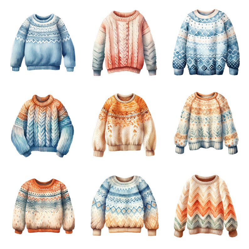 31 Cozy Sweaters Watercolor Clipart, Winter Clothes Clipart, PNG ...