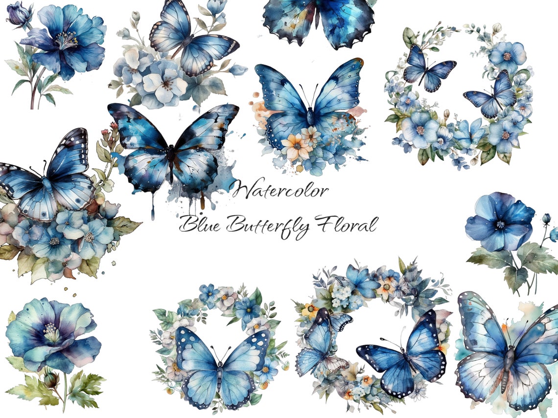 Watercolor Blue Butterfly Floral Clipart PNG Digital Files - Etsy