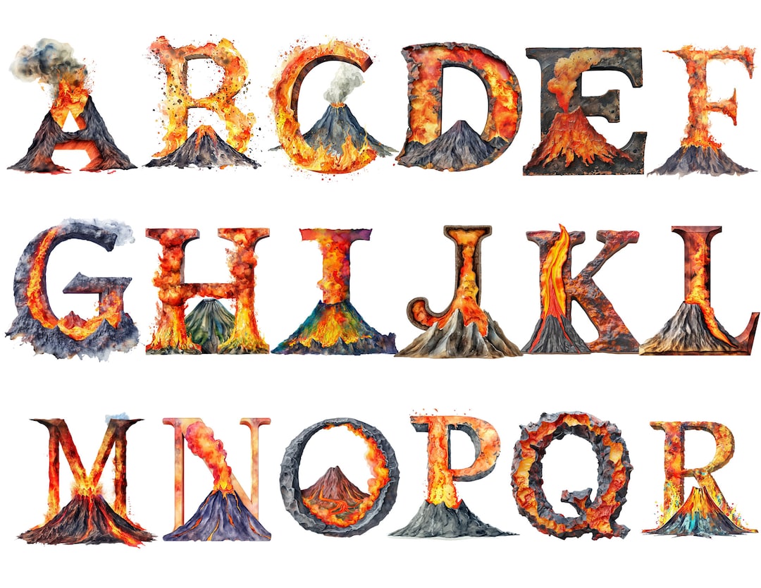 Watercolor Volcano Alphabet Clipart, PNG Individual Images on ...