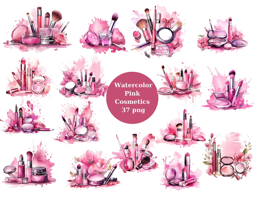 Watercolor Pink Cosmetics Clip Art - Digital Makeup and Beauty Graphics ...