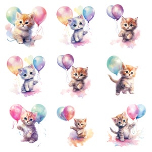 Cute Kittens With Balloon Watercolor Clipart, Baby Animals, PNG Digital ...