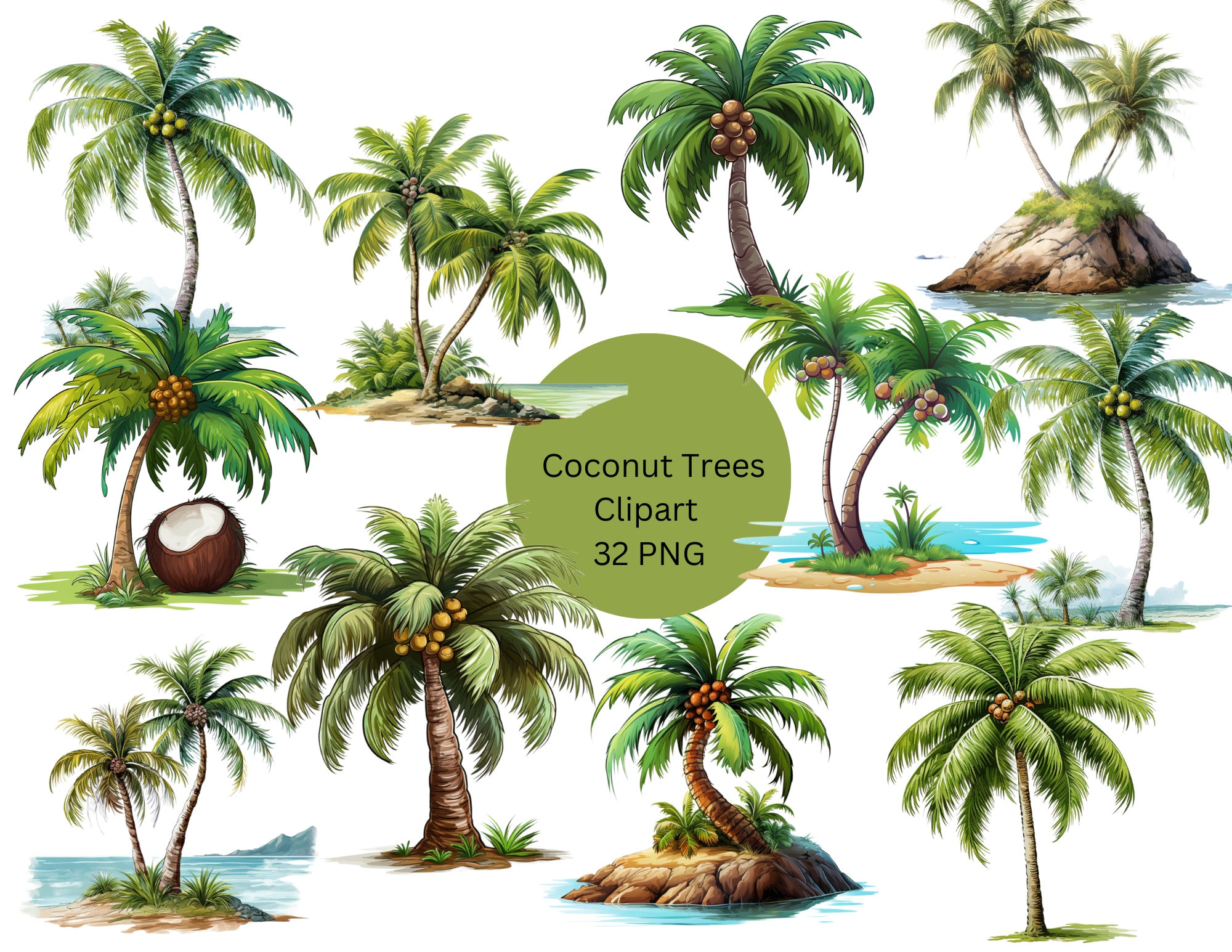 Coconut Tree Clipart PNG Digital Files on Transparent - Etsy