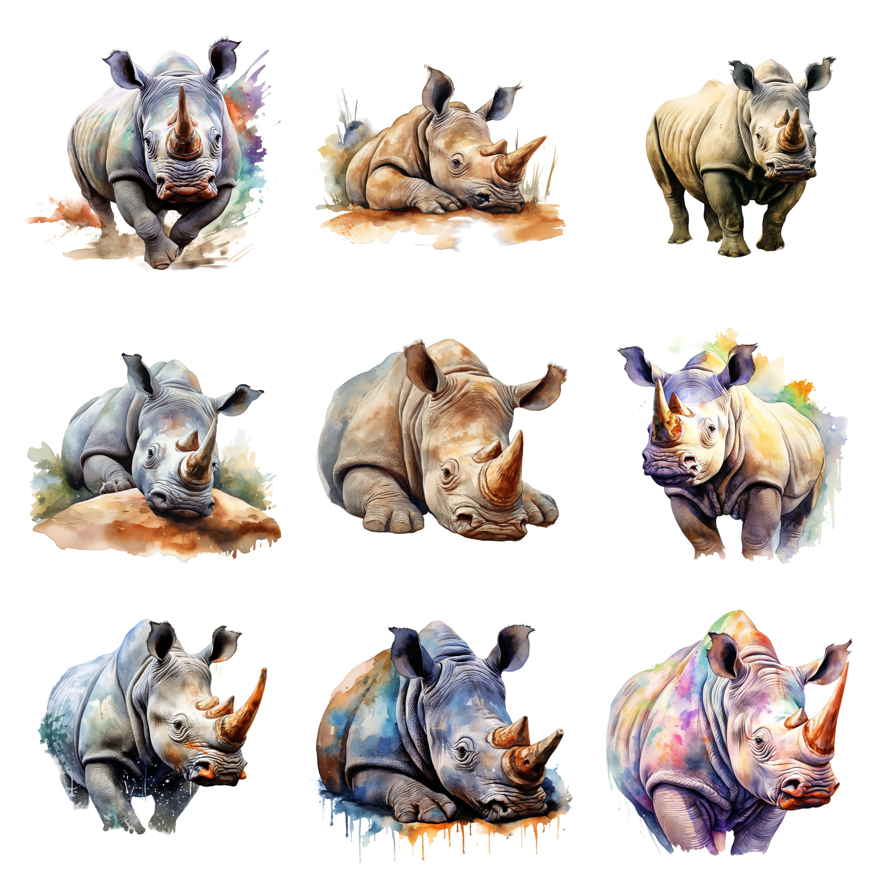 Watercolor Rhinoceros Clipart Rhinos PNG Digital Files on - Etsy