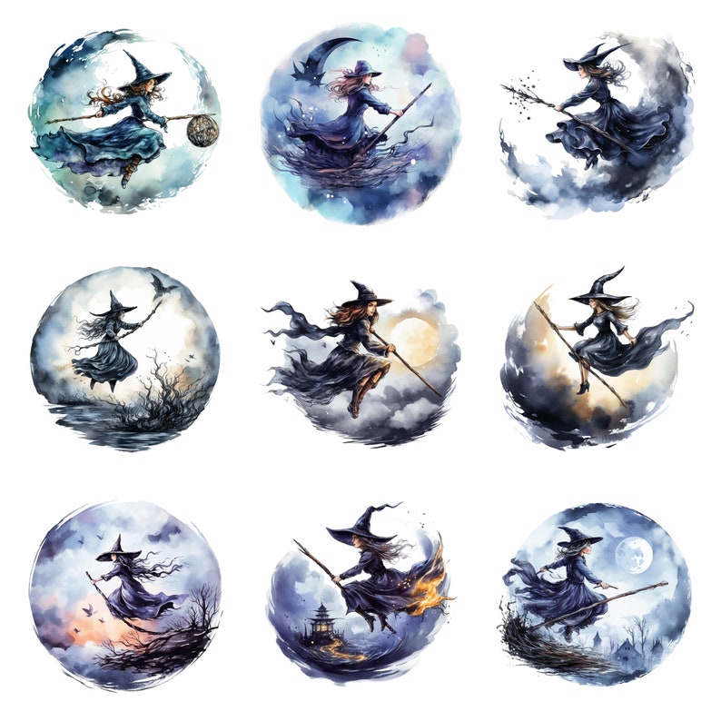 28 Witches on Broomsticks Watercolor Clipart, Halloween Clipart, PNG ...