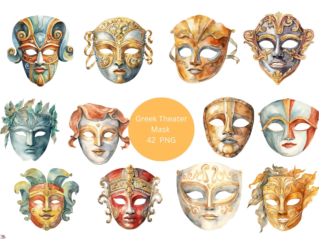 42 Greek Theater Masks Watercolor Clipart, Berries Clipart, PNG ...