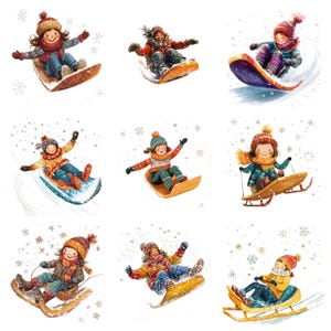 17 Kids on Sleds Watercolor Clipart, Winter Clipart, PNG Individual ...
