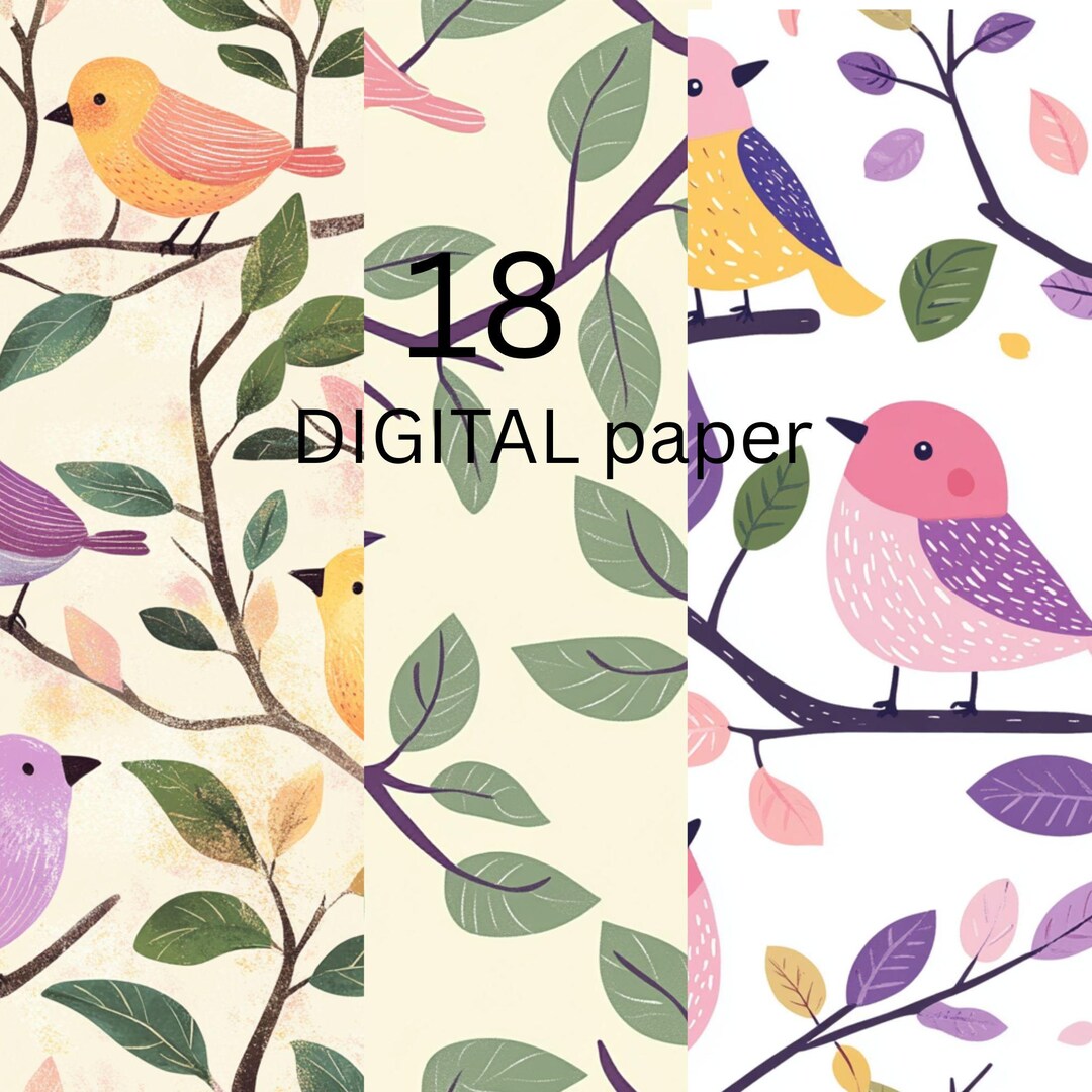 Spring Birds Digital Paper Pack, 18 Cute Bird and Leaves Backgrounds ...