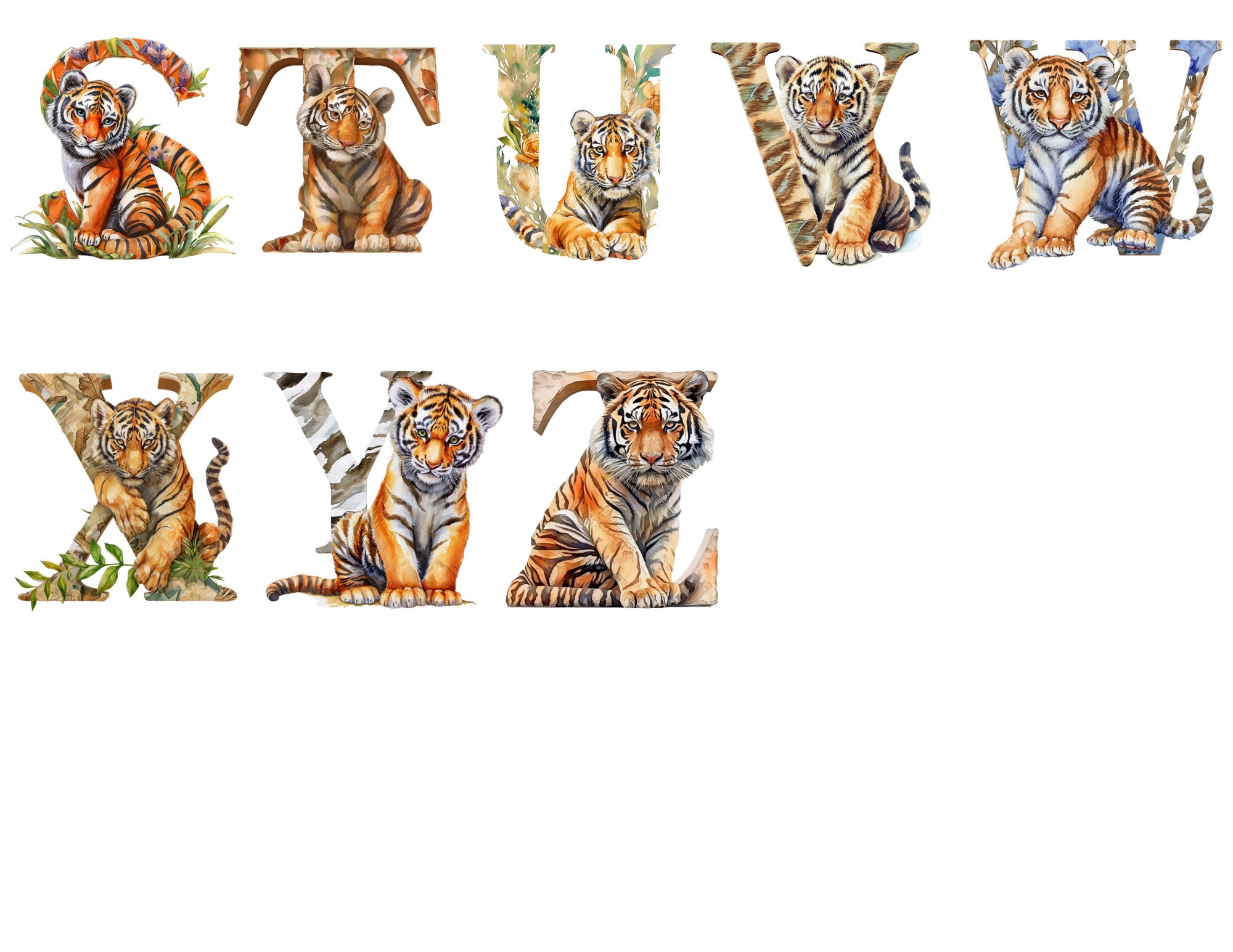 Watercolor Tiger Alphabet Clipart, PNG Individual Images on Transparent ...
