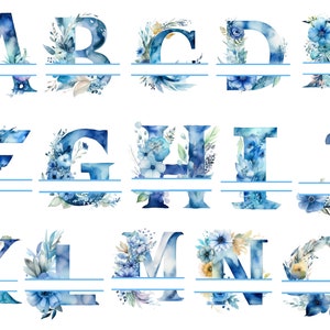 Watercolor Floral Split Blue Alphabet Clipart , Floral Alphabet ...