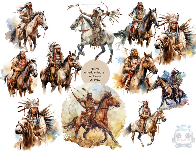Native American Indian on Horse Clipart, Watercolor PNG Individual ...